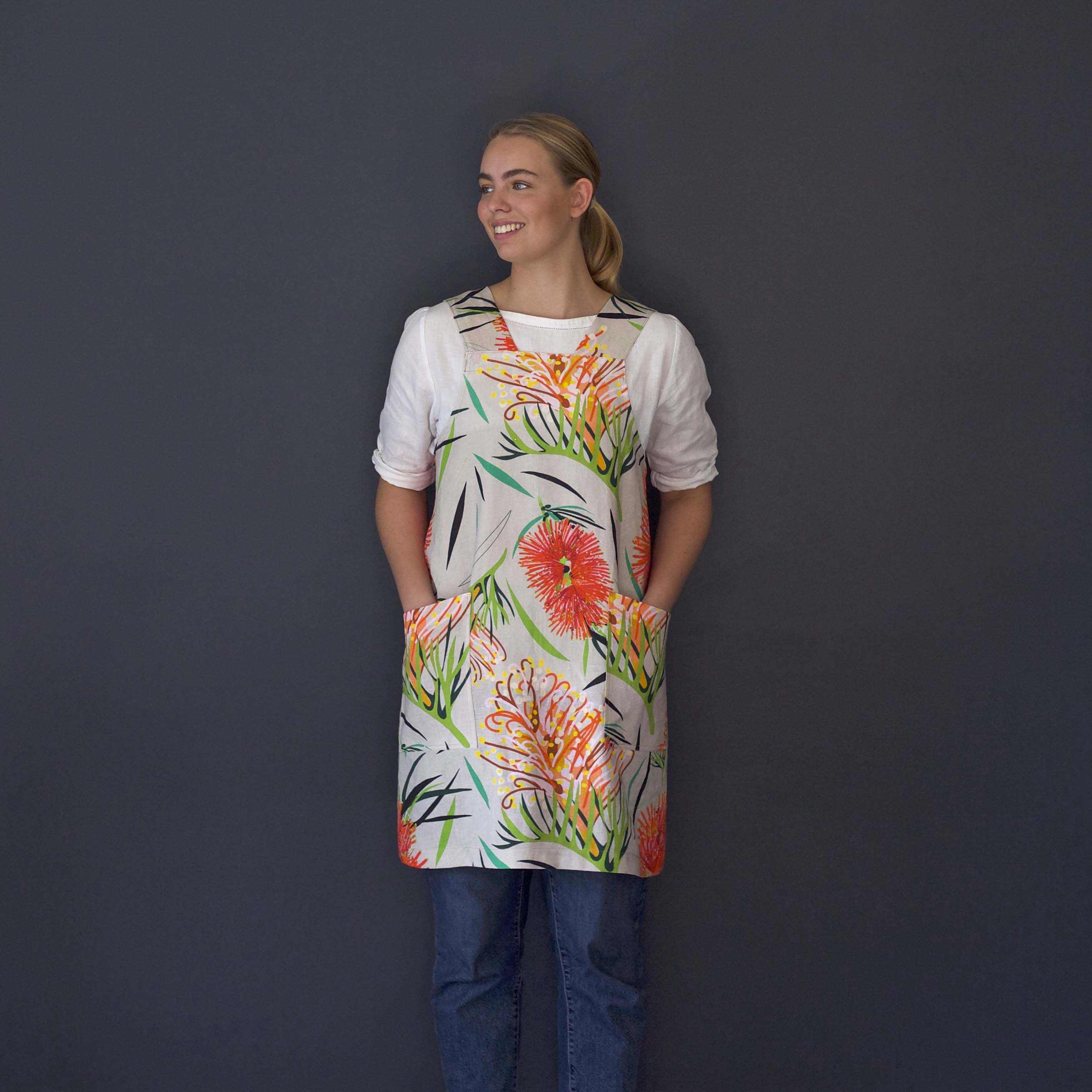 Apron Joy Grevillea Print. 100% Linen – Cream Collection